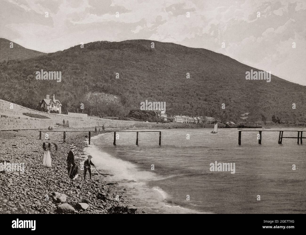 A late 19th century view of the beach at Rostrevor, a village and ...