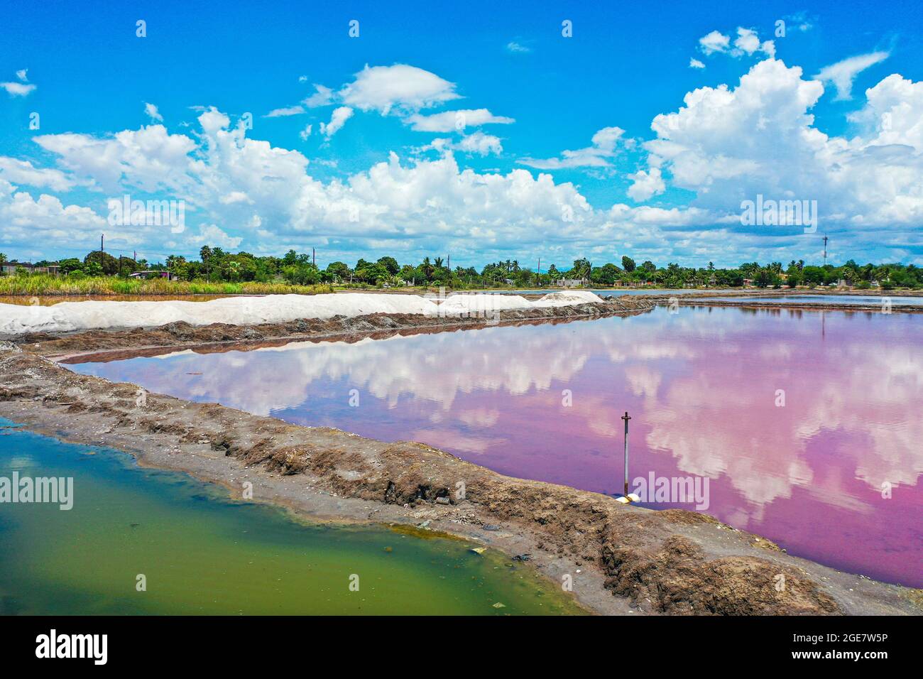 Saltwater pond from seawater in the process of desalination for salt ...