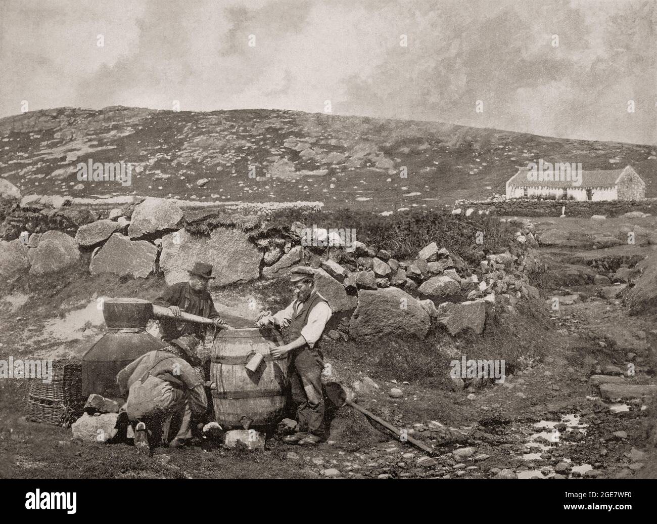 A late 19th century view of an illicit still to make poitín aka poteen ...