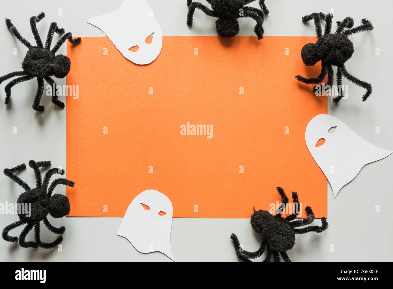 Halloween blank for invitation with ghost and black spiders on grey ...