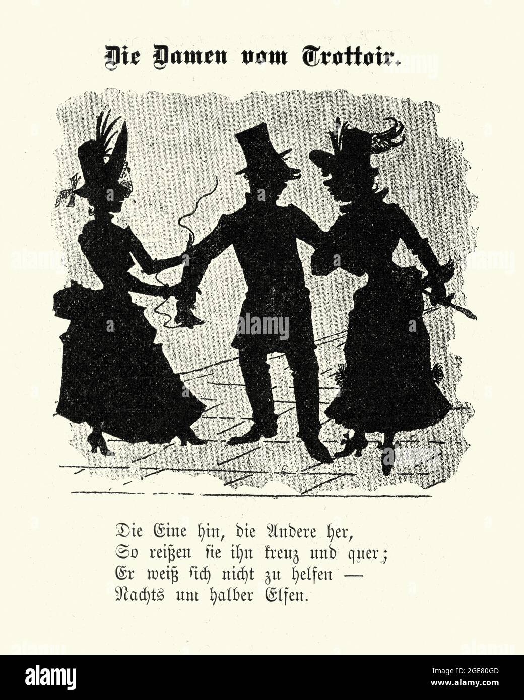 Vintage German cartoon, silhouettes of the street, Man accosted by two ...