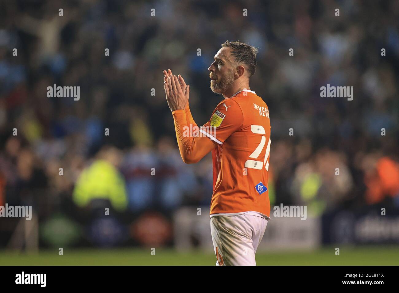 Blackpool, UK. 17th Aug, 2021. Richard Keogh #26 of Blackpool applauds ...