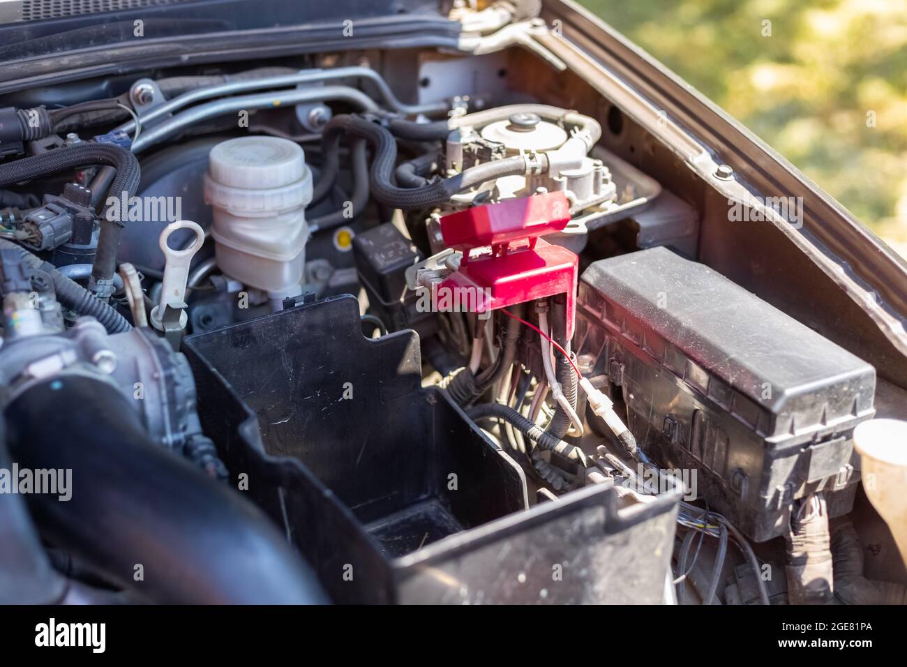 Battery box in the car. Installation and replacement of batteries Stock ...