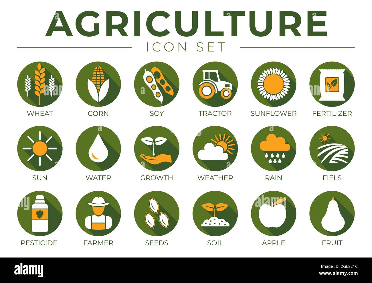 Agriculture Round Icon Set with Wheat, Corn, Soy, Tractor, Sunflower, Fertilizer, Sun, Water ...