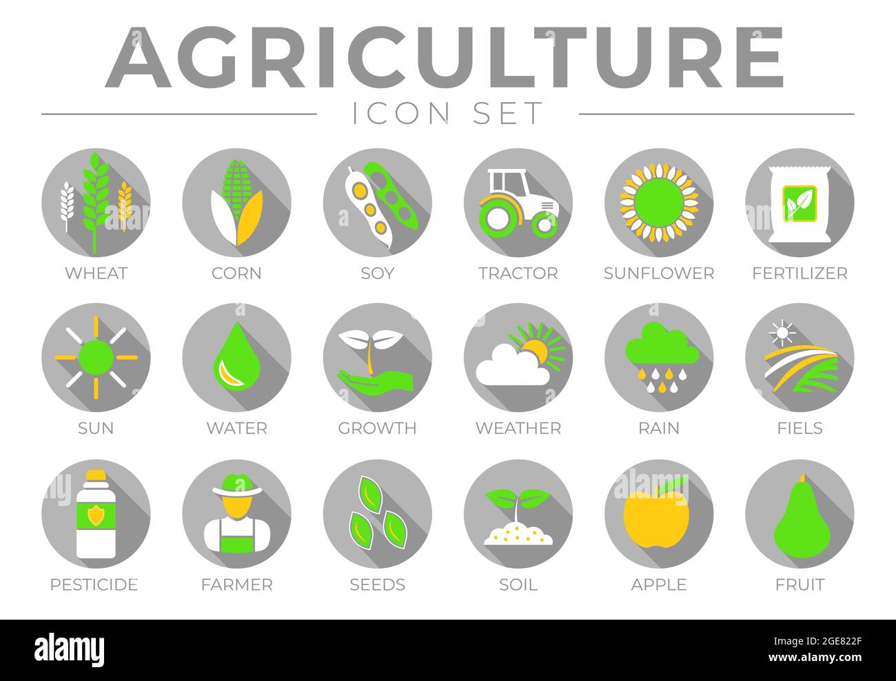 Gray and Color Agriculture Round Icon Set of Wheat, Corn, Soy, Tractor ...