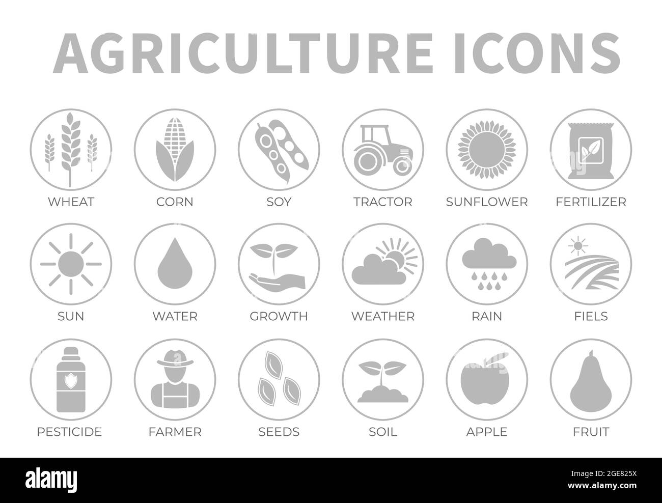 Agriculture Round Outline Icon Set of Wheat, Corn, Soy, Tractor ...