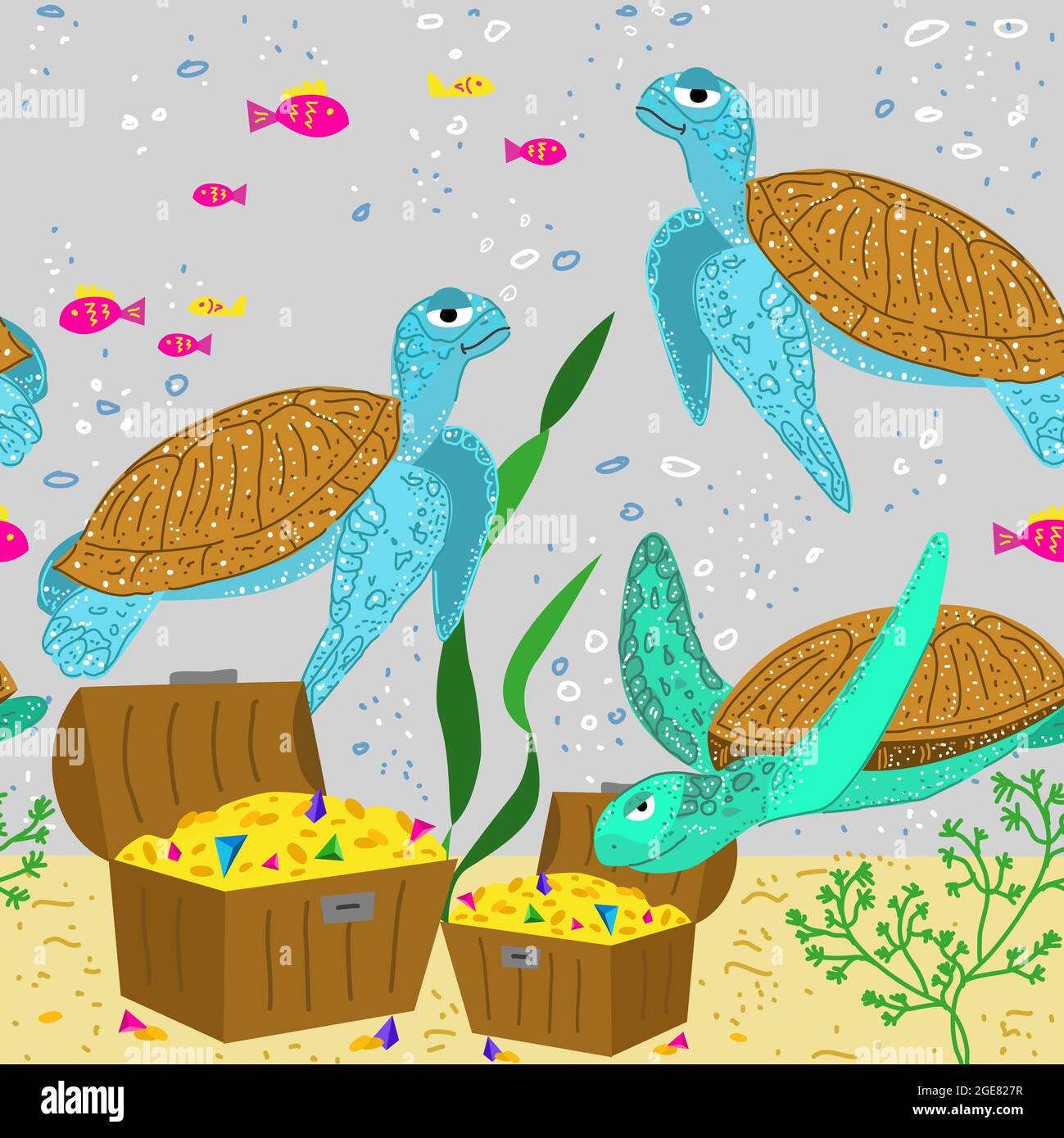 Sea turtles with treasure chests at the bottom of the sea. Turtles ...