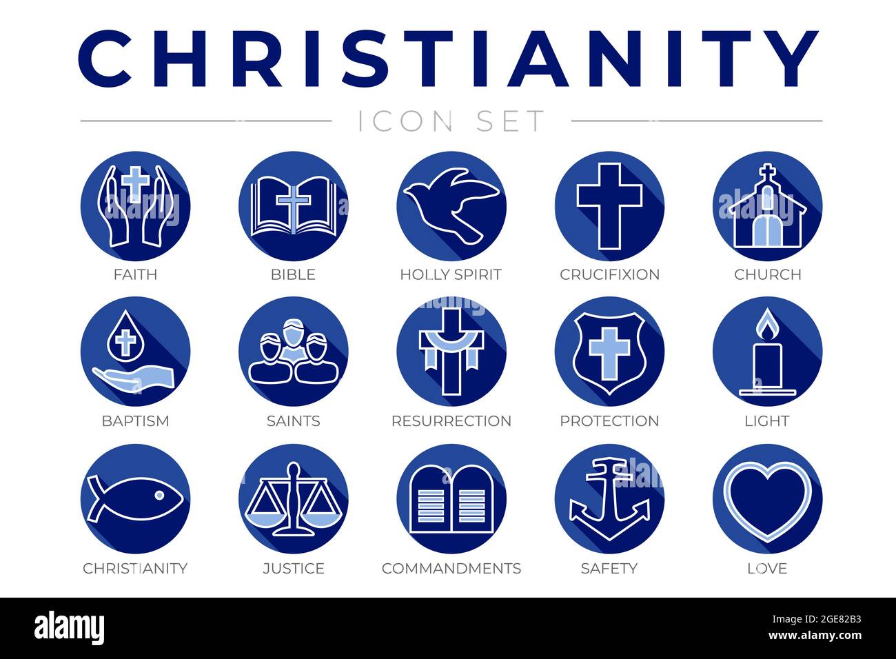 Blue Round Outline Christianity Icon Set with Faith, Bible, Crucifixion ...