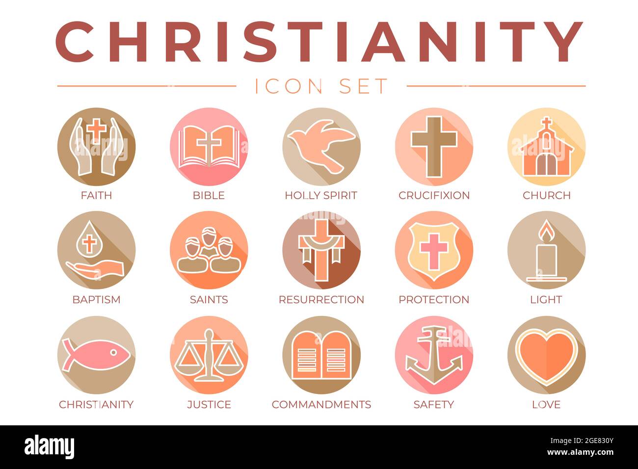 Colorful Orange Christianity Icon Set with Faith, Bible, Crucifixion ...
