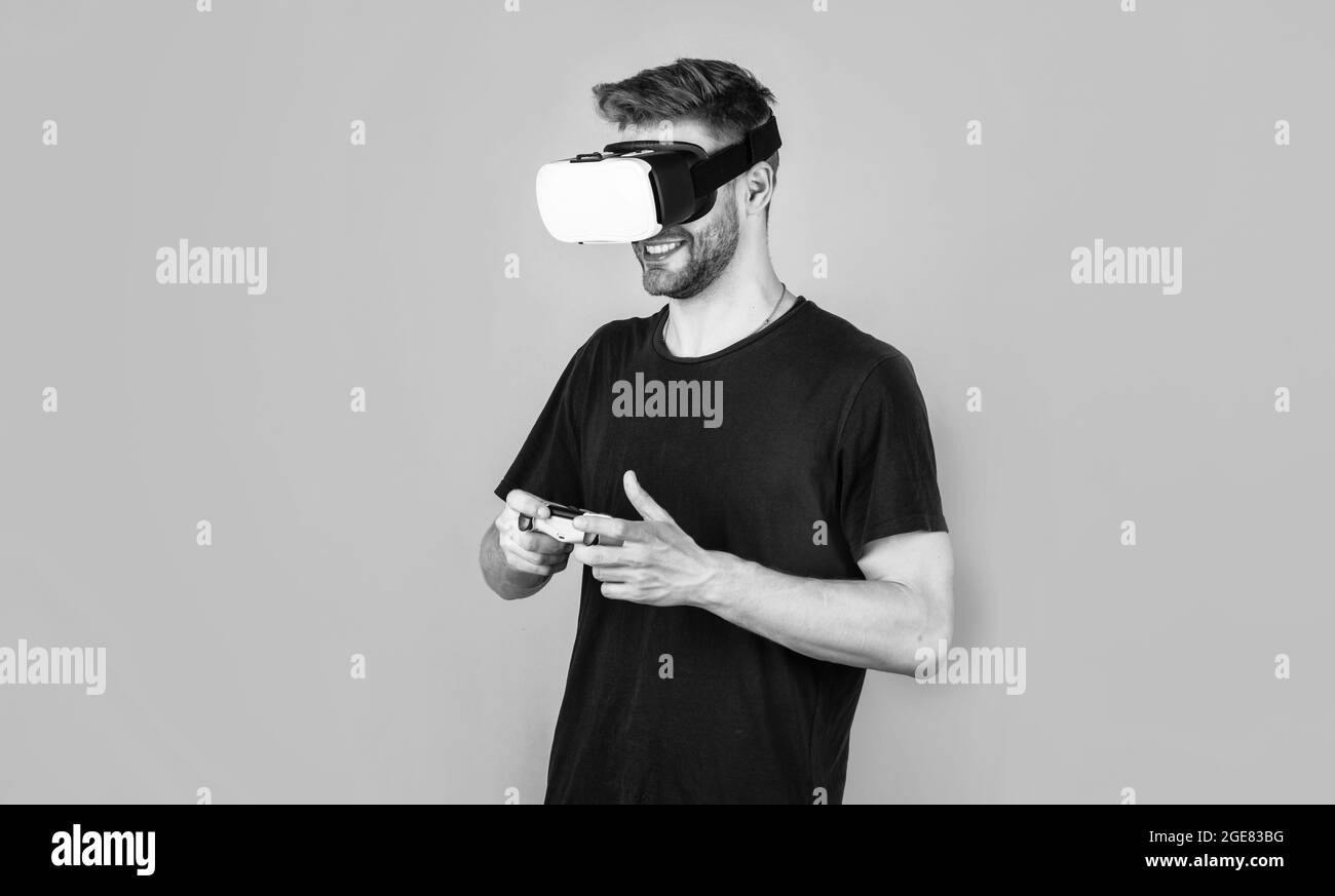 Virtual work. Future technology concept. guy getting experience using ...