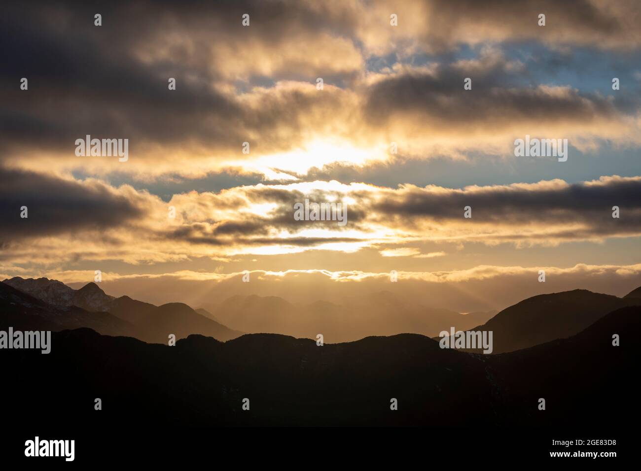 Clouds over hills at dawn, near Moonlight Tops hut,Paparoa Track, (one ...