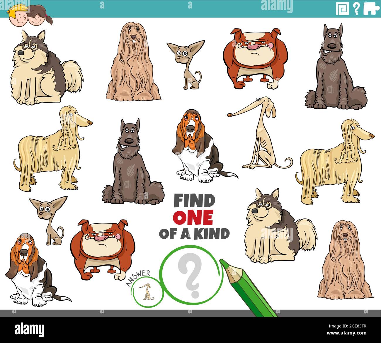 Cartoon illustration of find one of a kind picture educational game ...