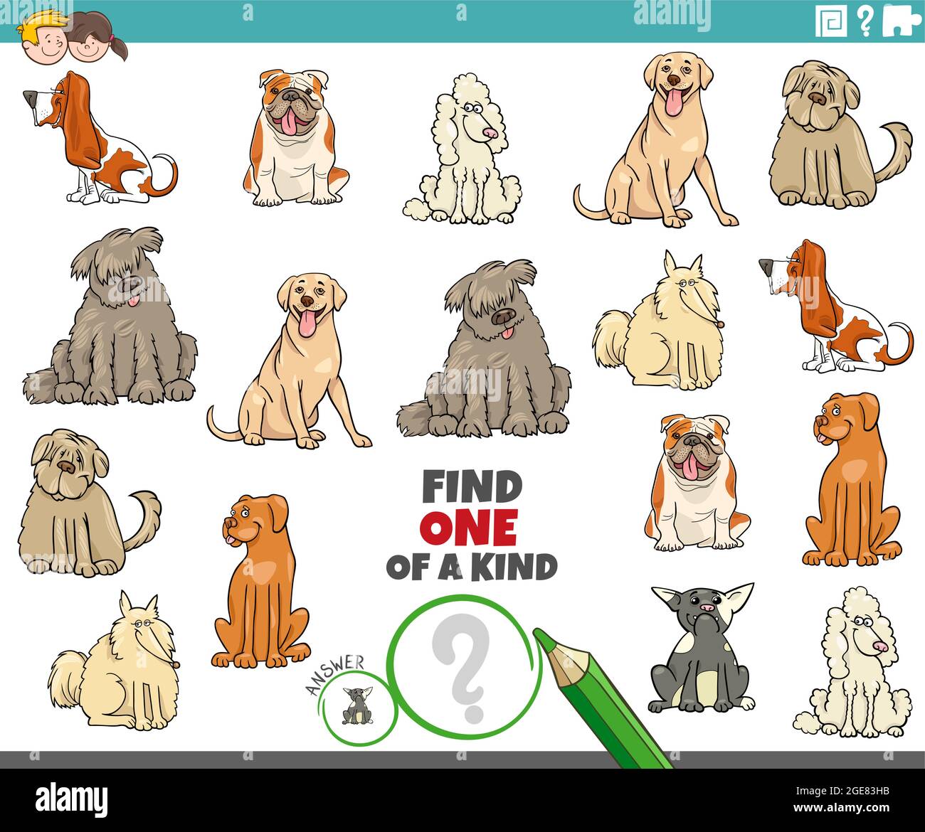 Cartoon illustration of find one of a kind picture educational task ...