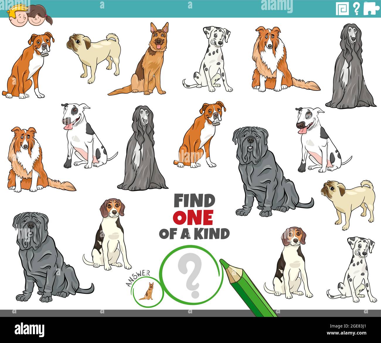 Cartoon illustration of find one of a kind picture educational task ...