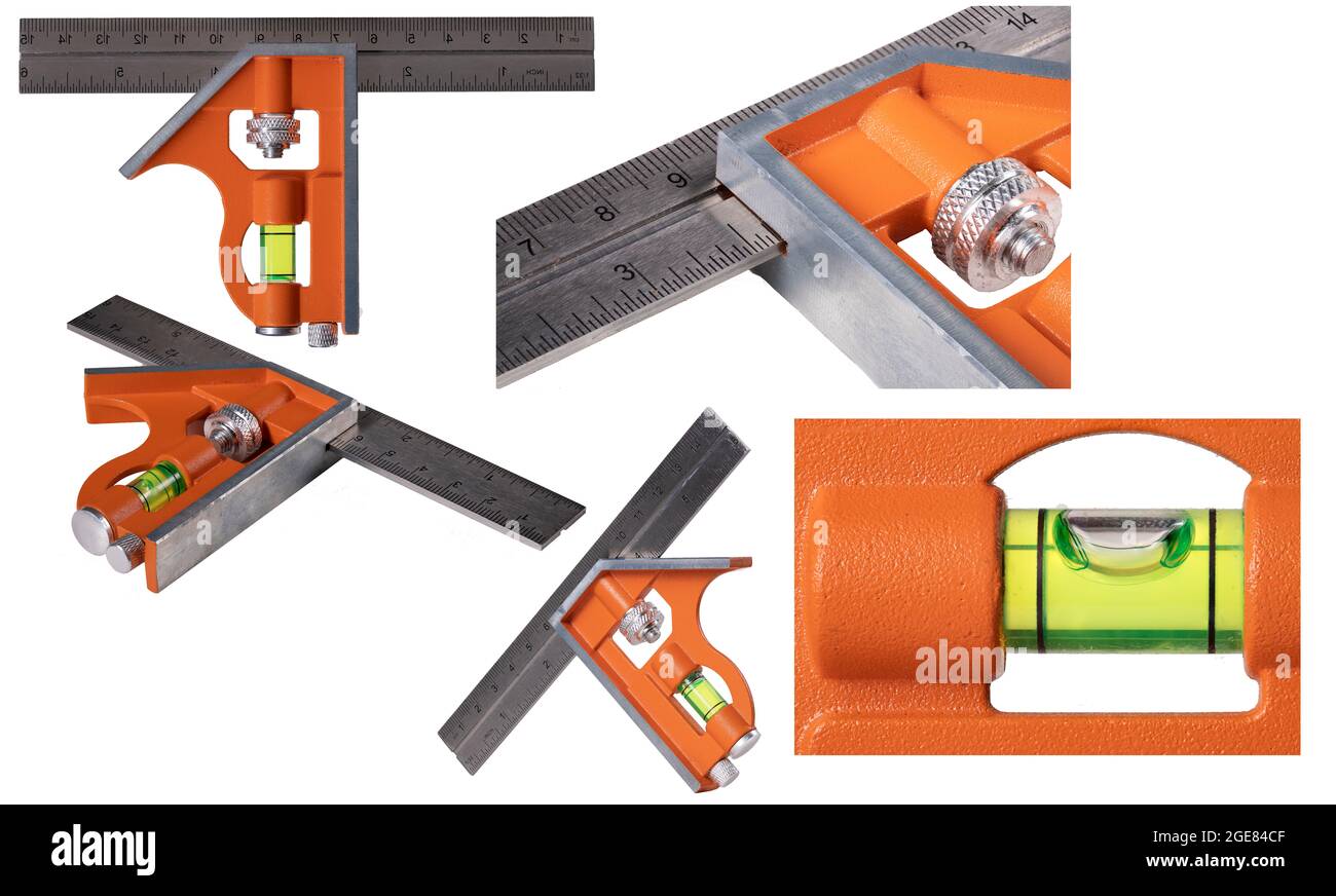Ruler and carpenter's square with a spirit level. Tools used in a ...