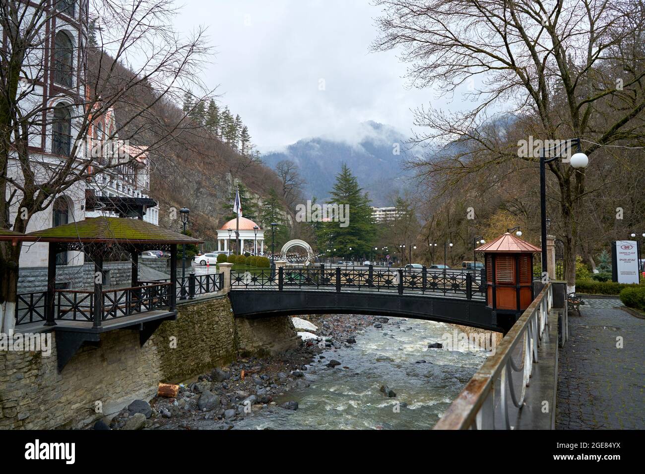 Park in the city of Borjomi. The mountain river flows through Stock ...