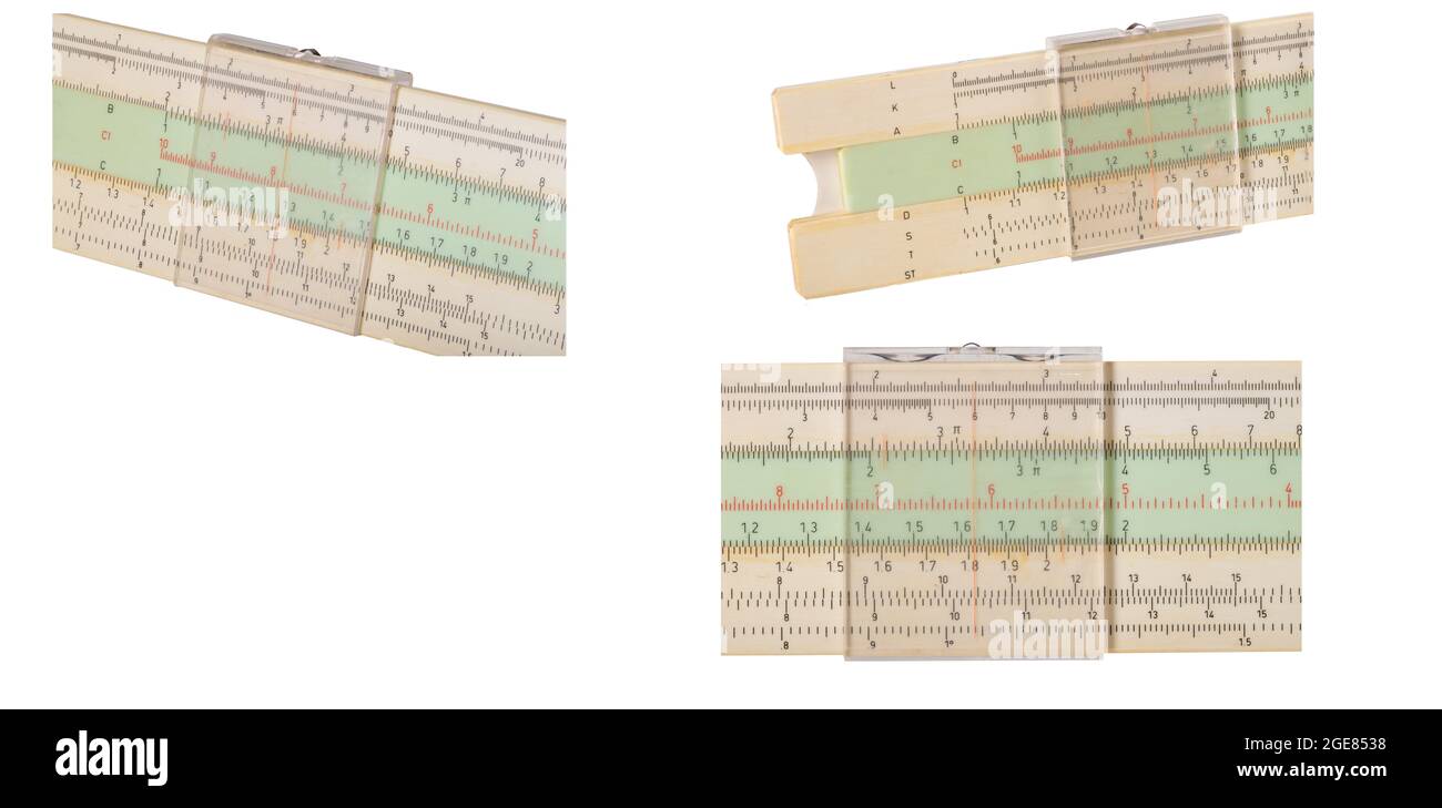 Plastic slide rule. Analog engineering calculation tool. Isolated ...