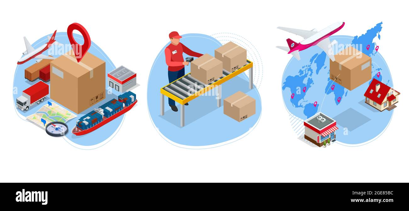 Isometric global logistics network. Air cargo, rail transportation ...
