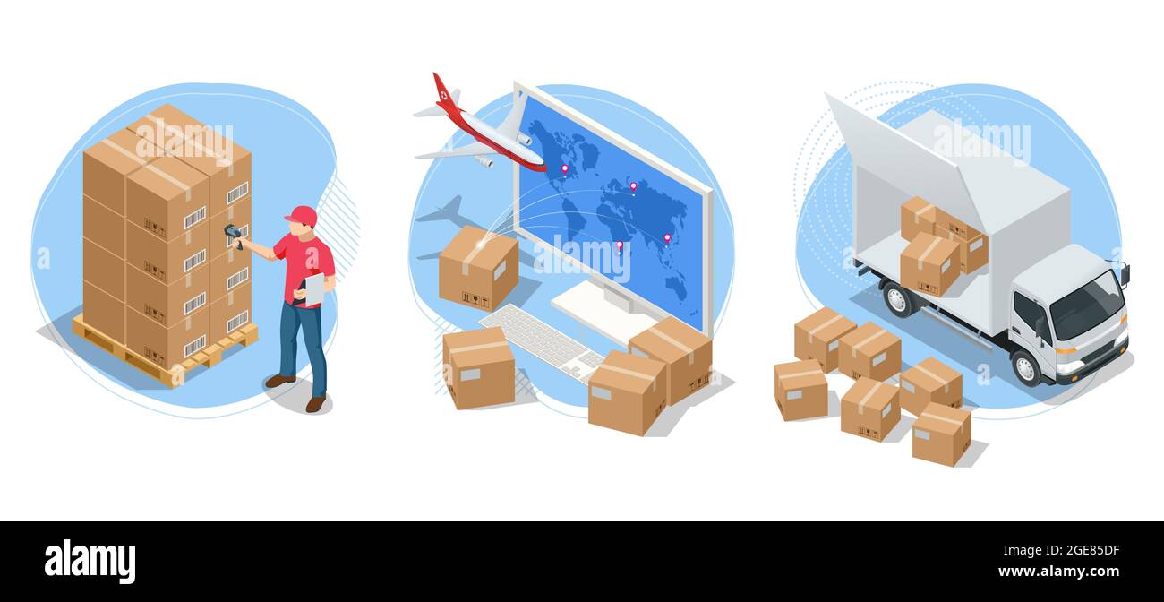 Isometric global logistics network. Air cargo, rail transportation ...