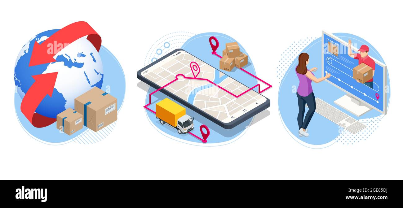 Isometric global logistics network. Air cargo, rail transportation ...