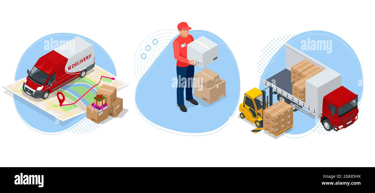 Isometric global logistics network. Air cargo, rail transportation ...