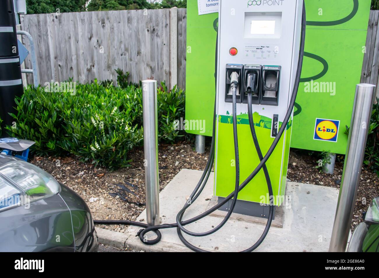 HAYES, LONDON, ENGLAND - 13 August 2021: Pod Point electric car charger ...