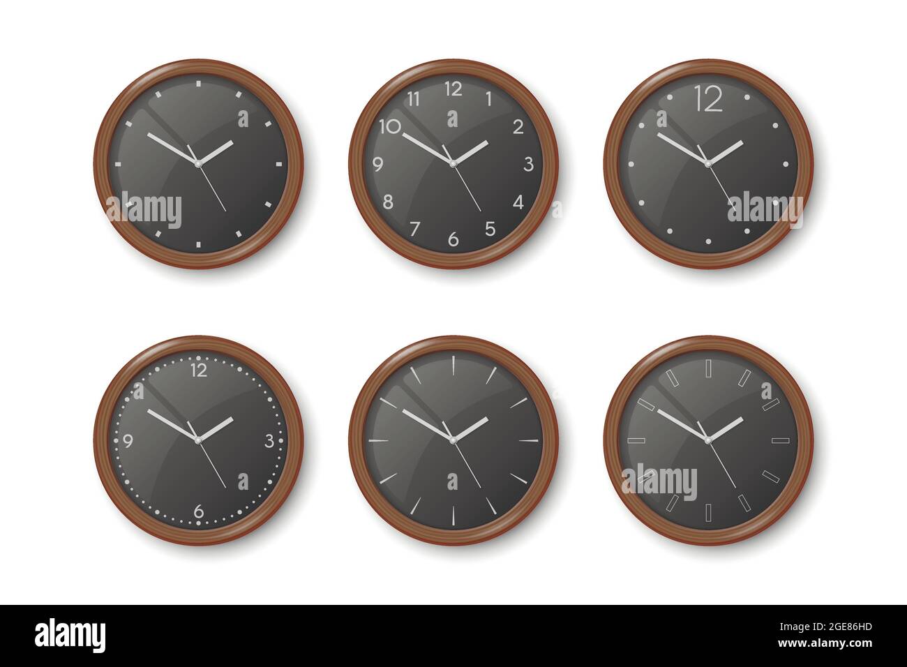 Vector 3d Realistic Dark Brown Wooden Wall Office Clock Icon Set ...