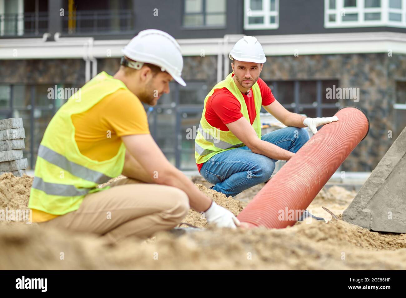 Skilled male builders installing an underground drainage system Stock ...