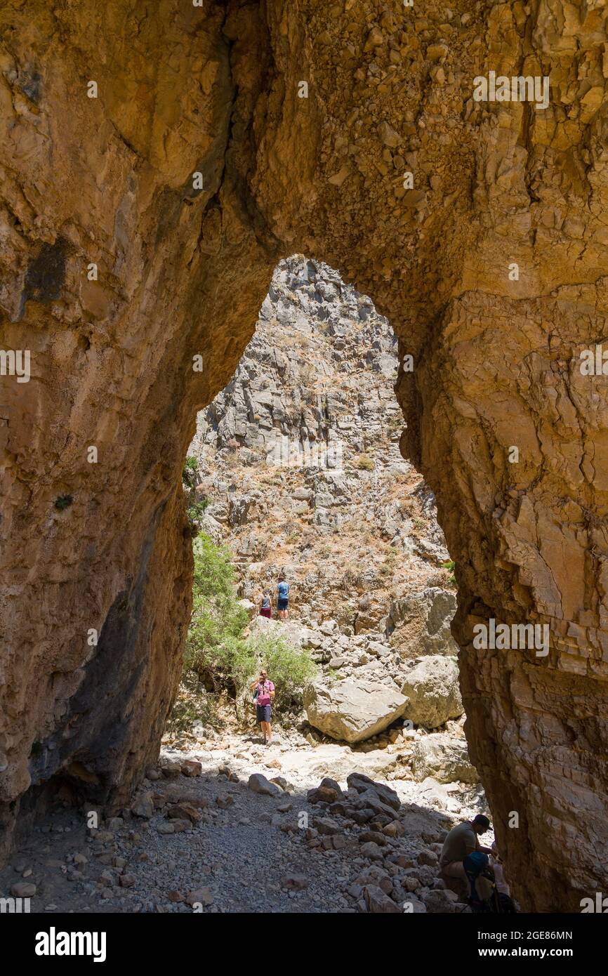 IMBROS GORGE, CRETE - 23 JULY 2021: Hikers exploring the narrow canyons ...