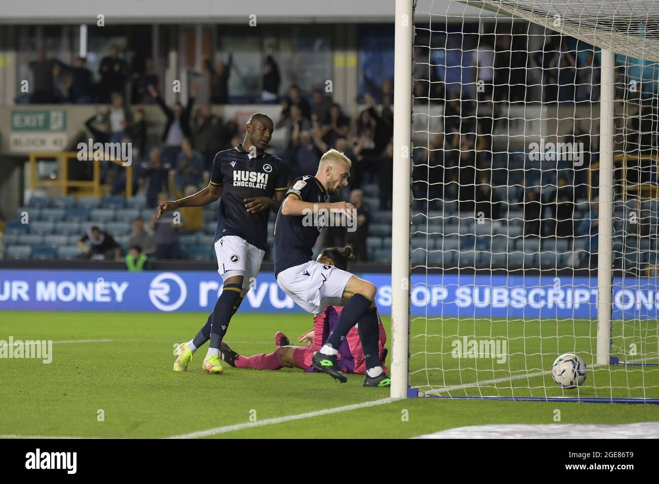 The New Den London, UK. 17th Aug, 2021. Benik Afobe of Millwall pulls a ...