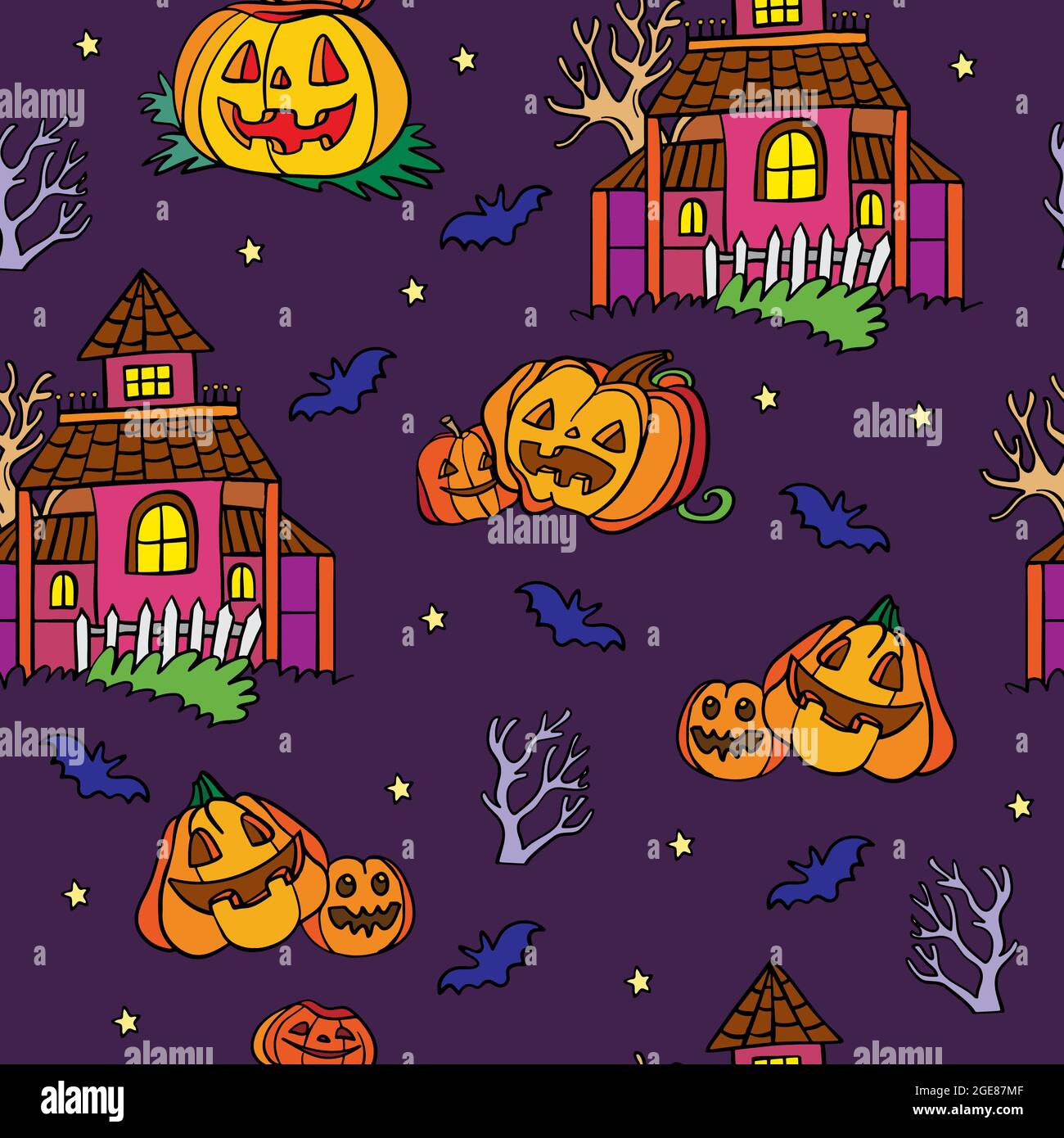 Vector seamless pattern for Halloween. Pumpkin, ghost house, bat and ...