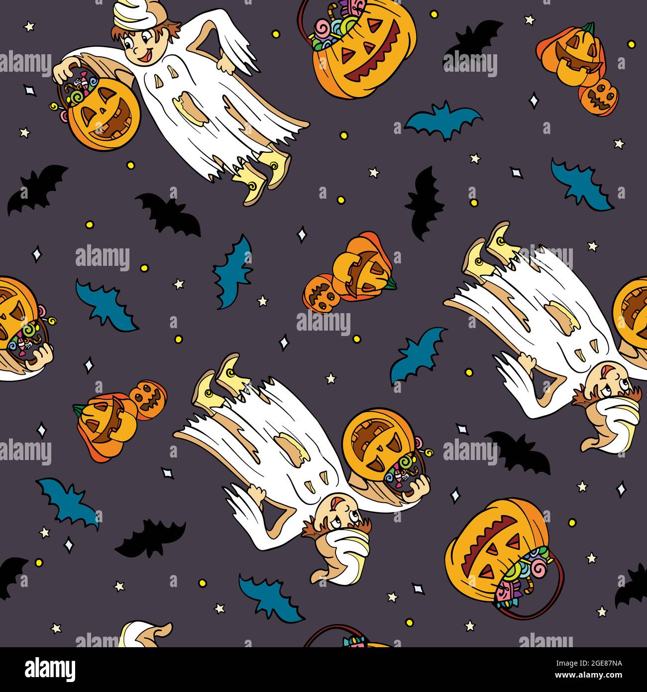 Vector seamless pattern for Halloween. Pumpkin, bats and boy in a ghost ...