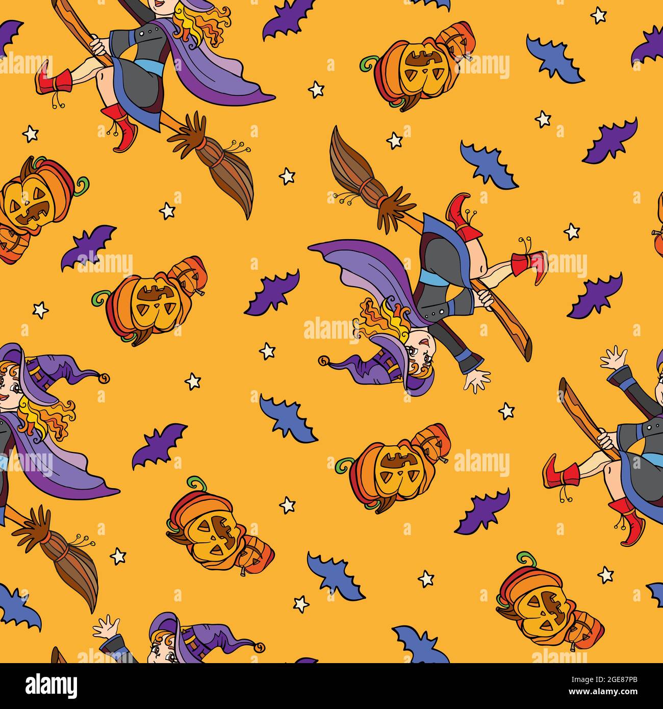 Vector seamless pattern for Halloween. Pumpkin, bats and little cute ...