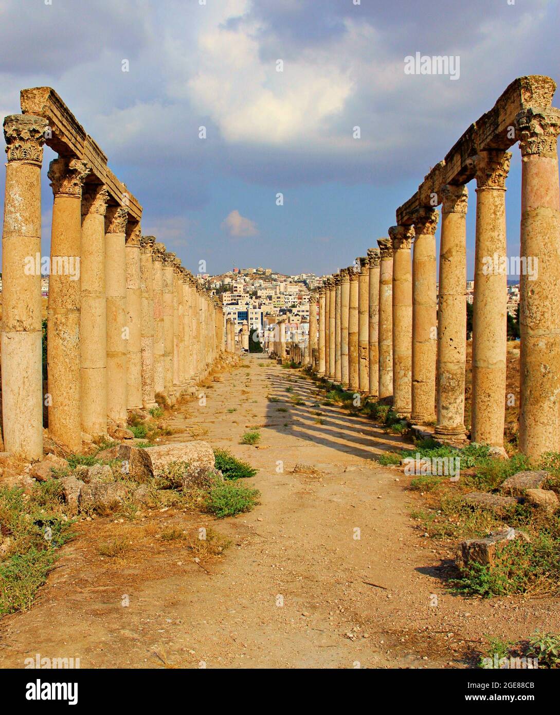 Columns of the ancient Oval Plaza Jerash in Amman, Jordan Stock Photo ...