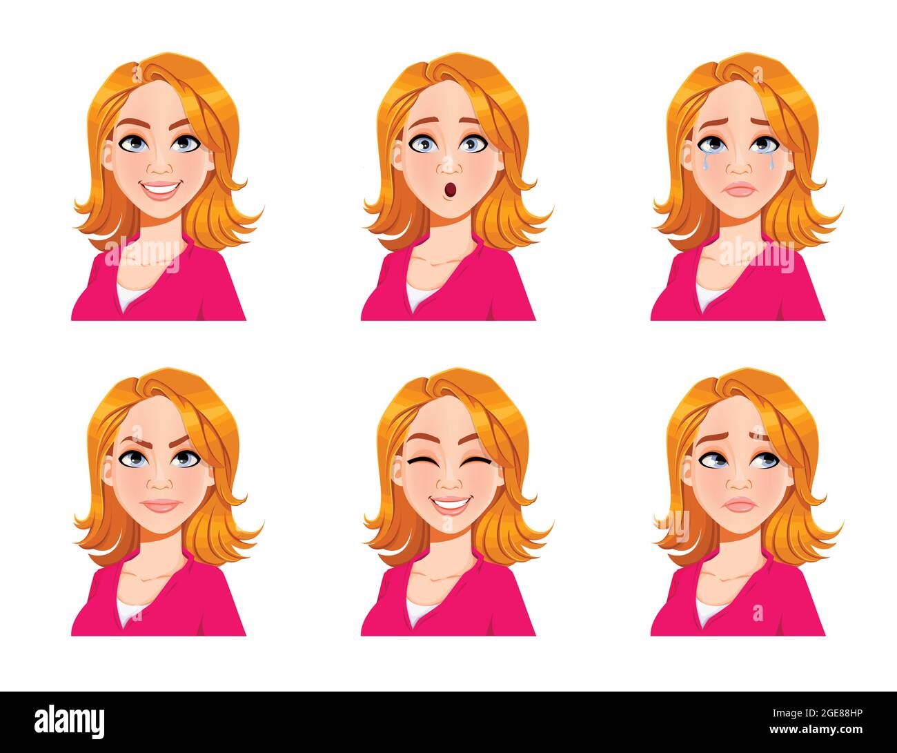 Face expressions of blond woman. Set of six various female emotions ...