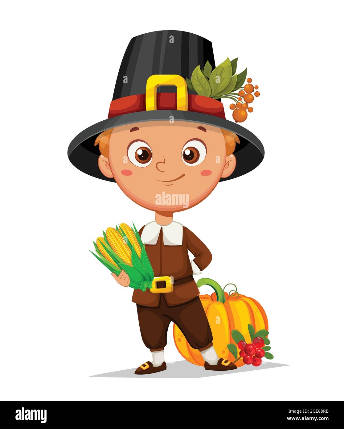 Happy Thanksgiving Day. Cute little pilgrim boy cartoon character ...