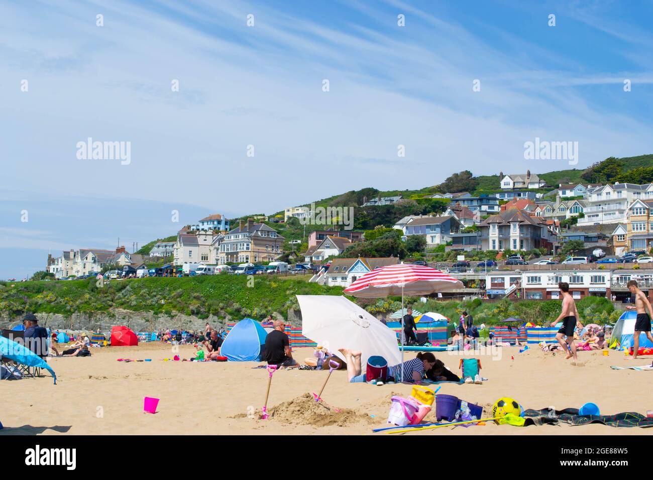 WOOLACOMBE, DEVON, ENGLAND - 21 June 2021: Woolacombe beach in Devon ...