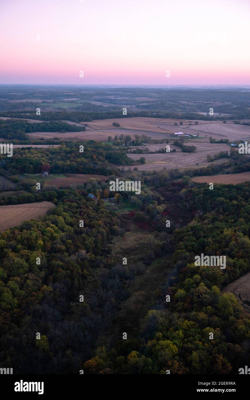 Sunrise aerial image over western Dane County, Wisconsin on a beautiful ...