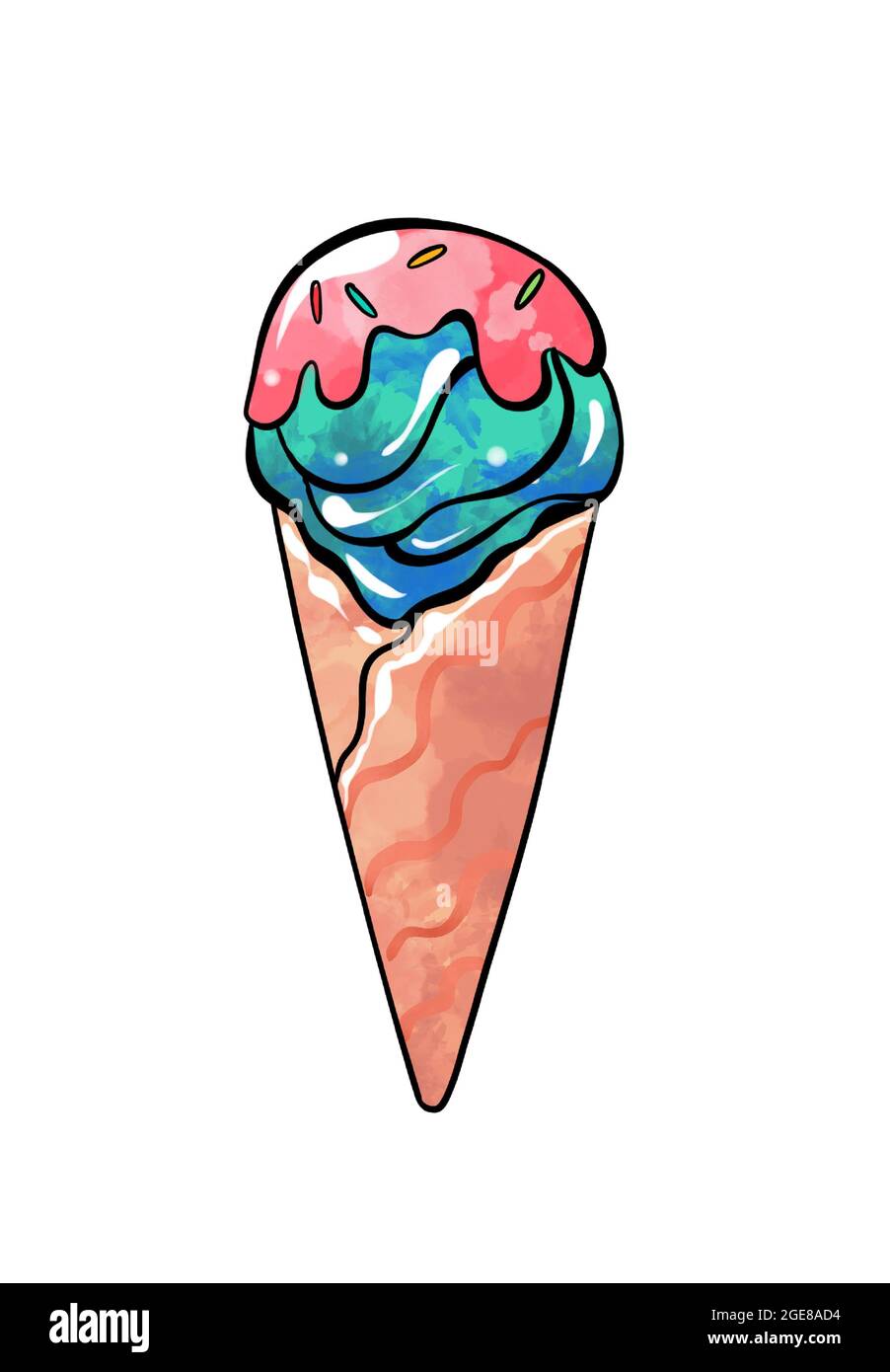 Illustration of a colored drawing of sweets: blue ice cream in a waffle ...