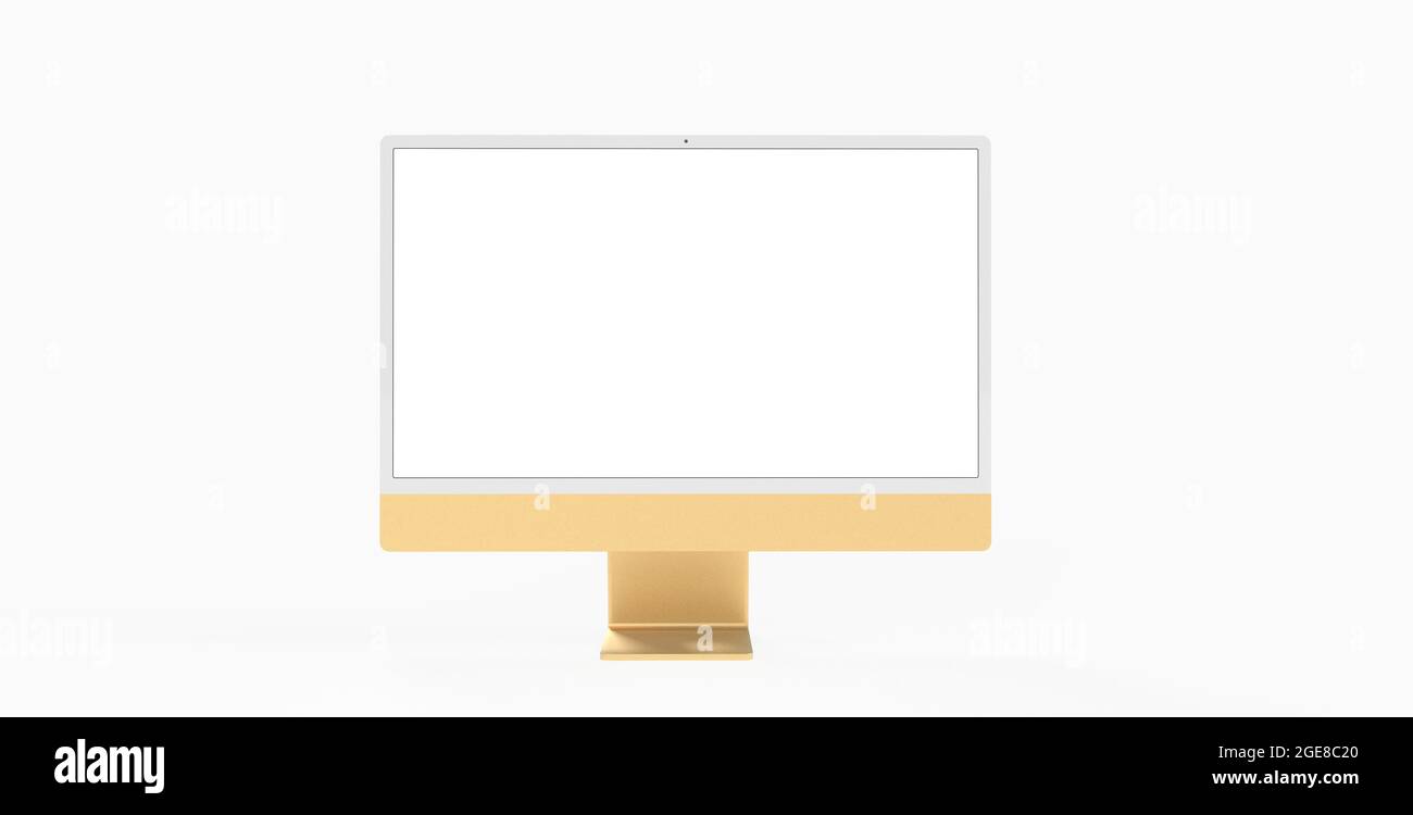 Yellow computer monitor with copyspace on the white screen isolated on ...