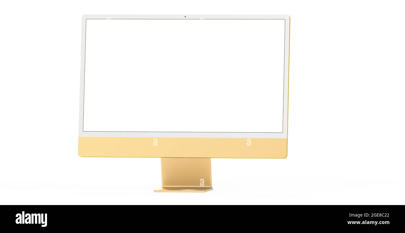 Yellow computer monitor with copyspace on the white screen isolated on ...