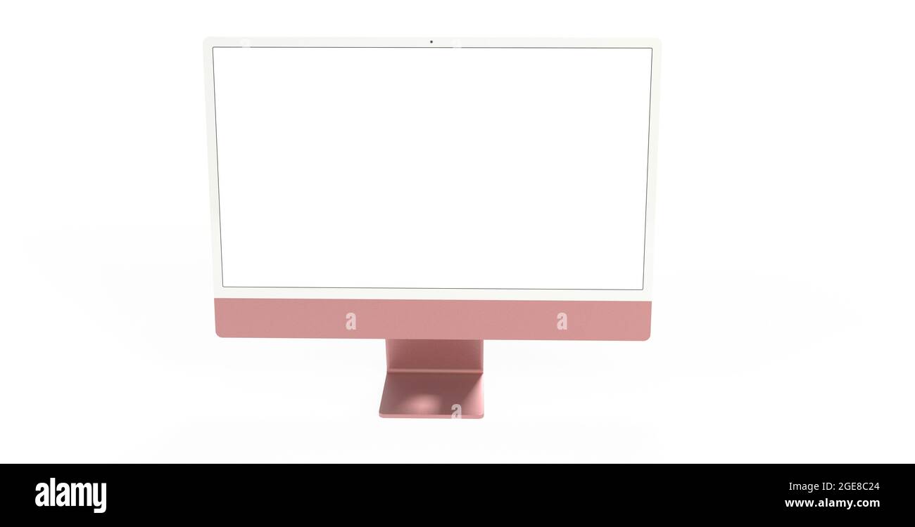 Pink computer monitor with copyspace on the white screen isolated on a ...