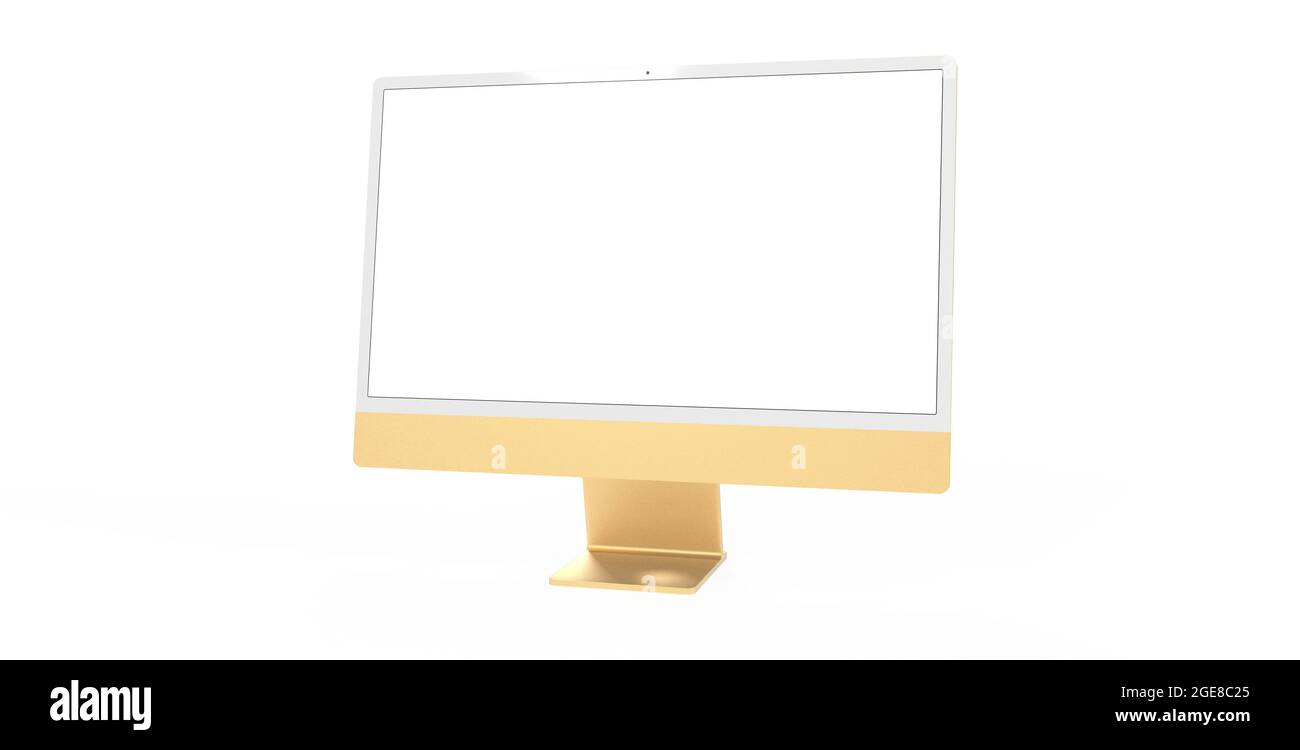 Yellow computer monitor with copyspace on the white screen isolated on ...