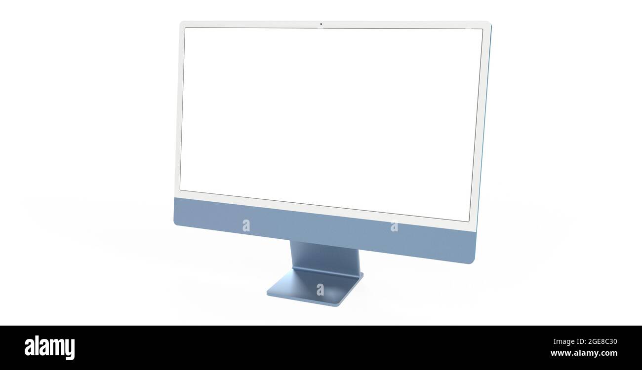 Blue computer monitor with copyspace on the white screen isolated on a ...