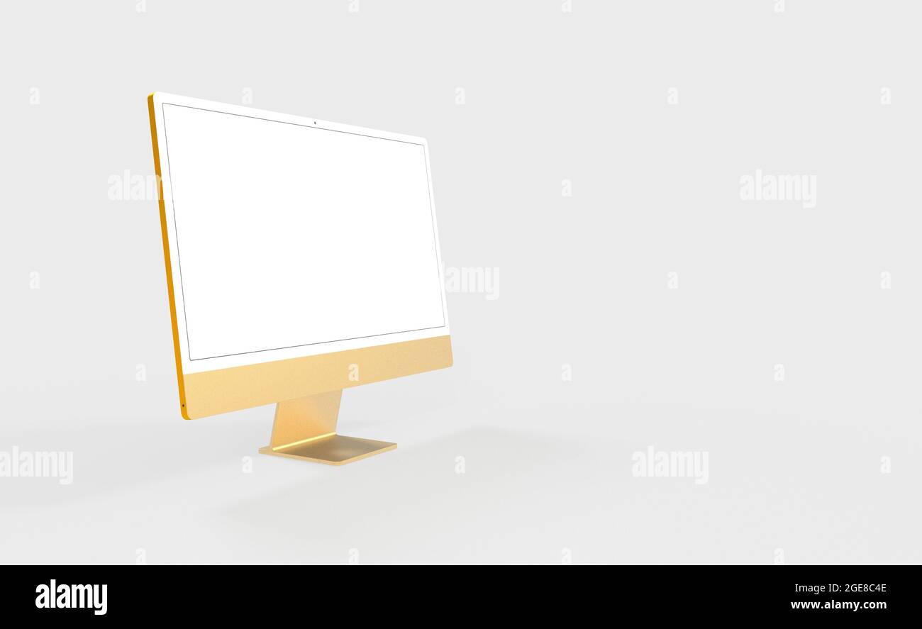 Yellow computer monitor with copyspace on the white screen isolated on ...