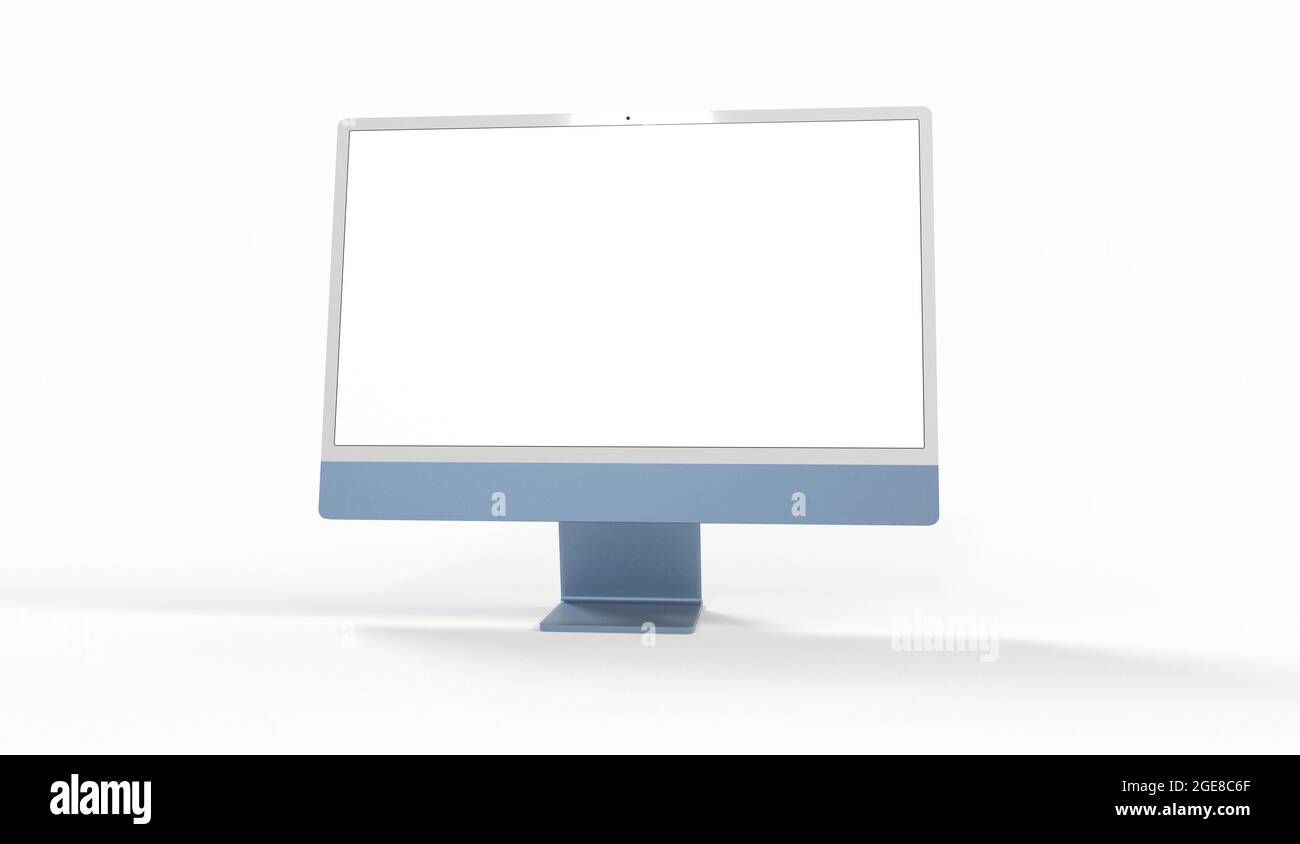 Blue computer monitor with copyspace on the white screen isolated on a ...