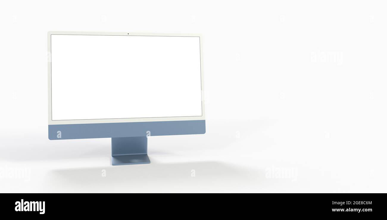 Blue computer monitor with copyspace on the white screen isolated on a ...