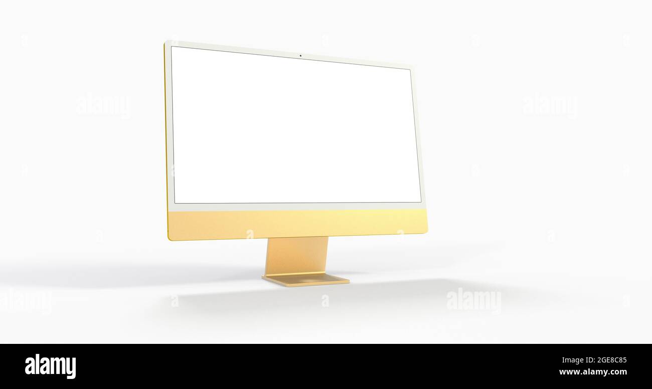 Yellow computer monitor with copyspace on the white screen isolated on ...