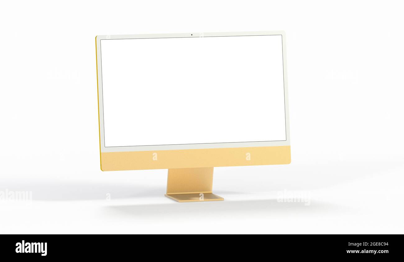Yellow computer monitor with copyspace on the white screen isolated on ...