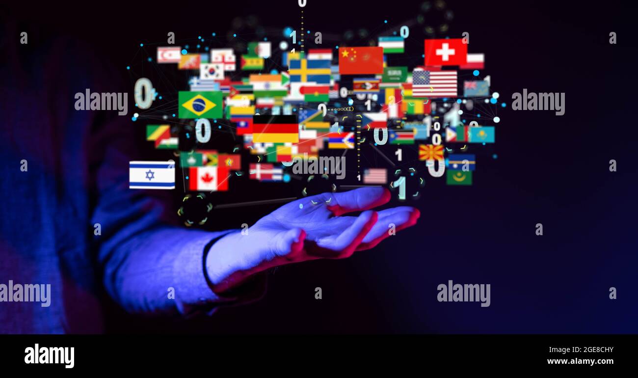Person presenting the virtual projection of the flags of different ...
